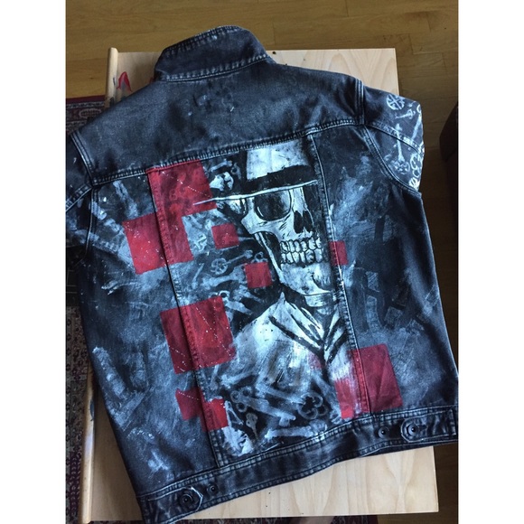 Jackets & Coats | Custom Painted Black Denim Jacket Skeleton Cowboy ...